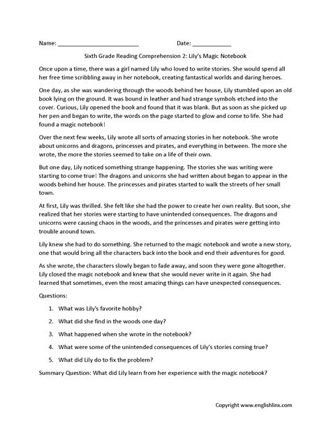 Reading Comprehension Worksheets Sixth Grade Reading Comprehension