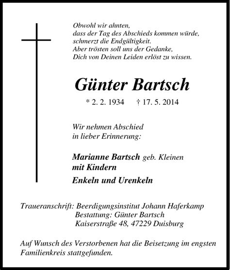 Traueranzeigen von Günter Bartsch Trauer in NRW de