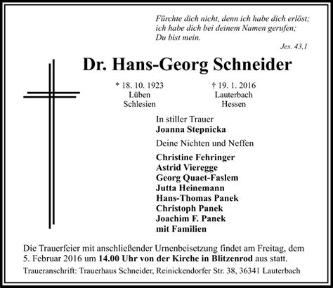 Traueranzeigen Von Hans Georg Schneider Vrm Trauer De