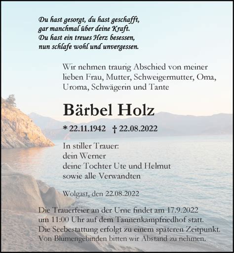 Traueranzeigen von Bärbel Holz trauer anzeigen de