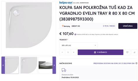 KOLPA SAN POLKROŽNA TUŠ KAD ZA VGRADNJO EVELIN TRAY R 80 X 80 CM 3838