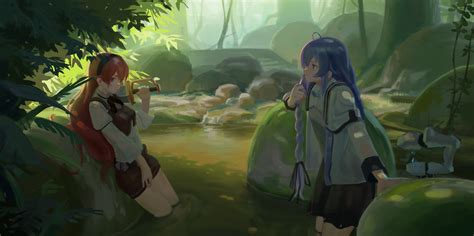 Safebooru 2girls Absurdres Against Rock Ahoge Angry Black Skirt Blue Eyes Blue Hair Braid