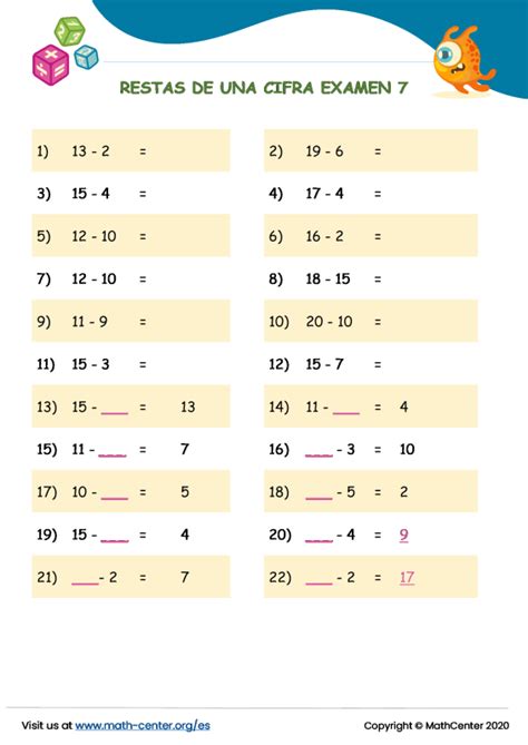 Segundo Grado Pruebas Restas De Una Cifra Math Center