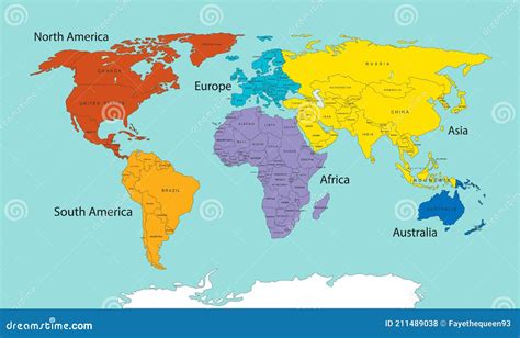 Mapa Mundial Dividido Em Seis Continentes Em Cores Diferentes