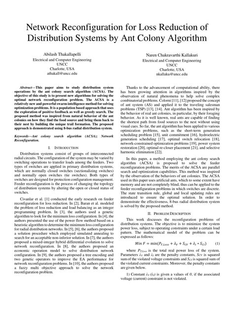 pdf network reconfiguration for loss reduction of distribution systems by ant colony algorithm