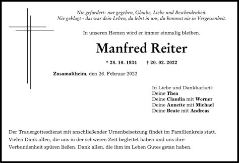 Traueranzeigen von Manfred Reiter Allgäuer Zeitung