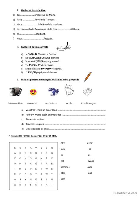 Conjuguer le verbe être et le verbe Français FLE fiches pedagogiques