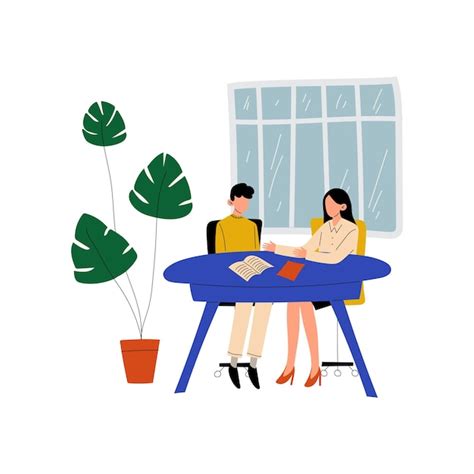 Premium Vector Two Business Woman Sitting At Desk And Talking