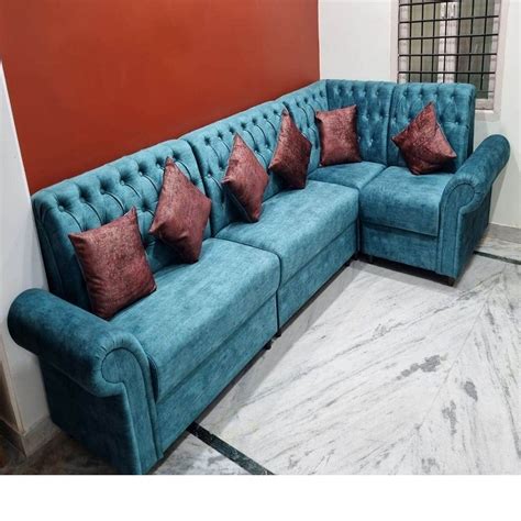 6 Seater Velvet Chesterfield L Shape Sofa Set Without Lounger At Rs