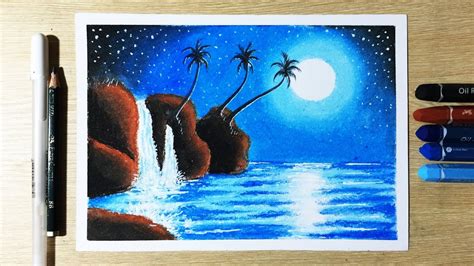 How To Draw Moonlight Waterfall Scenery With Oil Pastel Step By Step