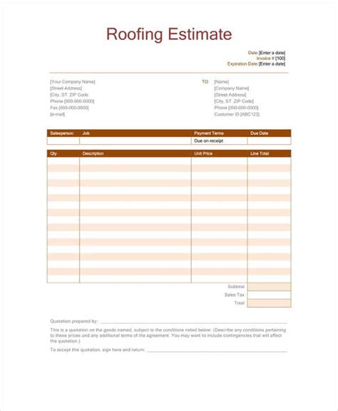An Invoice Form For Roofing Is Shown With The Words Roofing Estmate