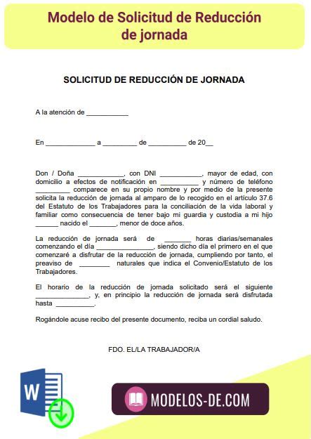 Modelo de Solicitud de reducción de jornada Word Gratis Carta