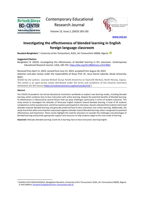 pdf investigating the effectiveness of blended learning in english foreign language classroom