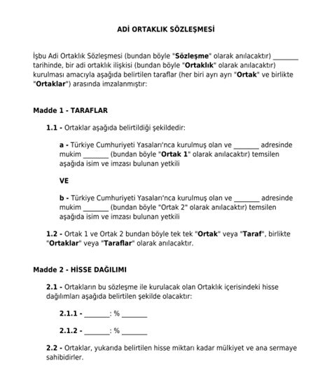 Adi Ortakl K S Zle Mesi Rnek Ablon Word Ve Pdf