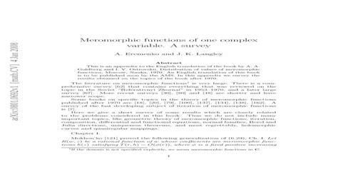 pdf meromorphic functions of one complex variable a survey · meromorphic functions of one