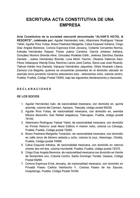 Acta Constitutiva De Una Empresa Mexicana
