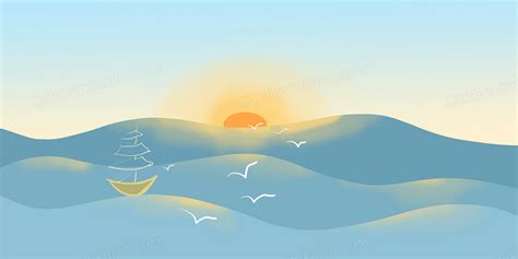 蓝色梦幻白鸥飞翔手绘日出背景背景图片素材免费下载 熊猫办公