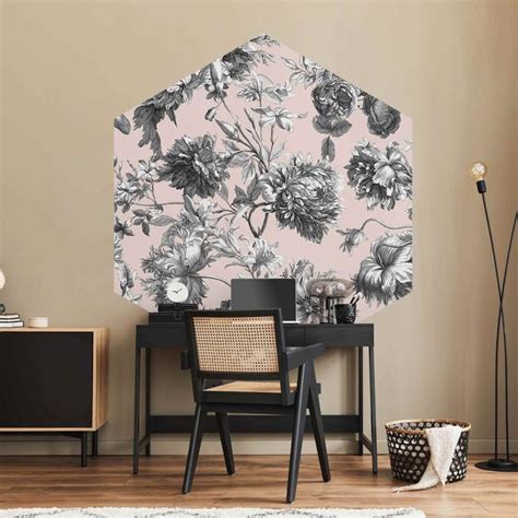 Hexagon Tapete Selbstklebend Floraler Kupferstich Graubeige