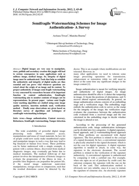 semifragile watermarking schemes for image authentication a survey pdf data compression