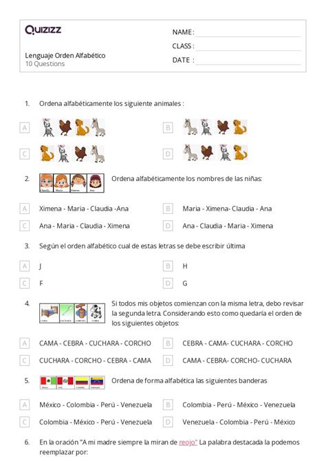 Orden Alfabetico Hojas De Trabajo Para Grado En Quizizz Gratis
