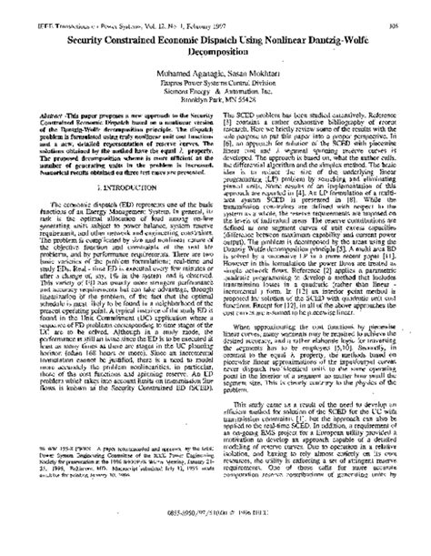 pdf security constrained economic dispatch using dual quadratic programming michael ferris