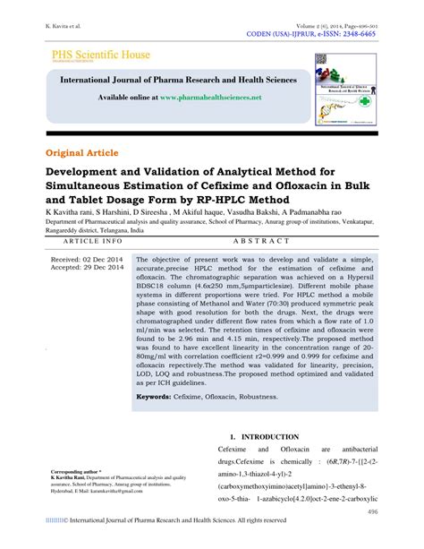 pdf development and validation of analytical method for simultaneous estimation of cefixime