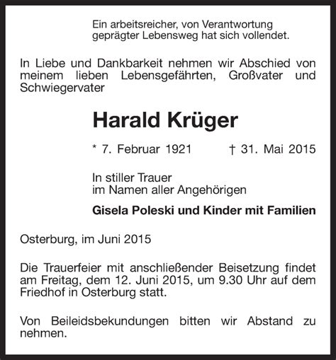Traueranzeigen Von Harald Kr Ger Az Trauer De