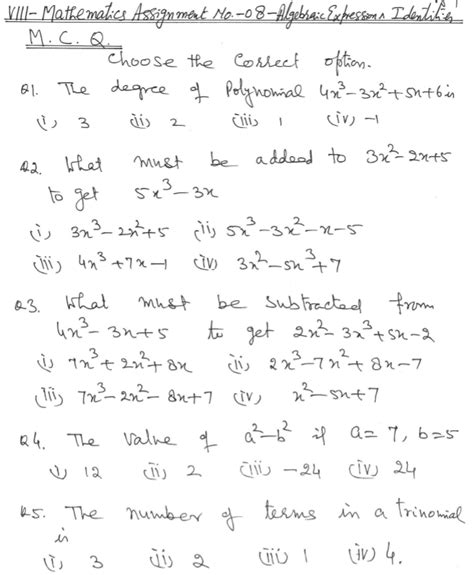 cbse class 8 mathematics algebraic expressions and identities mcqs multiple choice questions