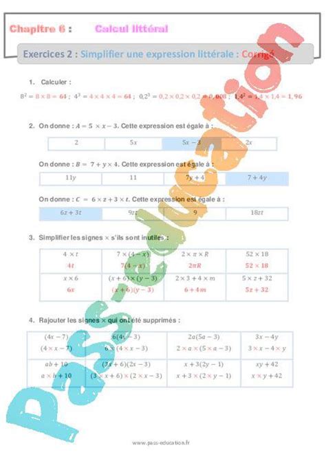 Simplifier une expression littérale 5ème Calcul littéral