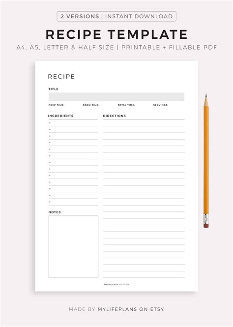 Recipe Template Printable Recipe Book Blank Recipe Page Etsy Australia