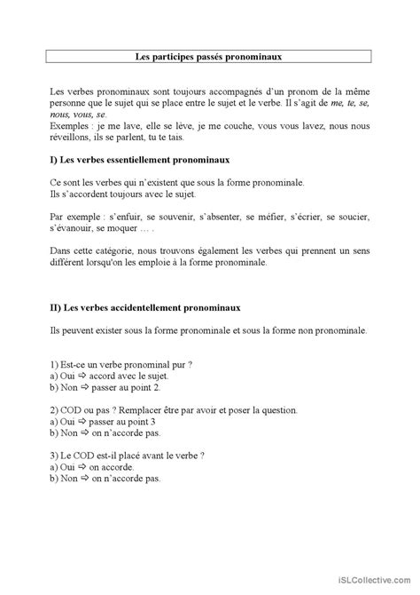 Participes Pass S Des Pronominaux Fran Ais Fle Fiches Pedagogiques Pdf
