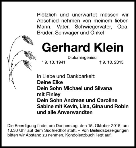 Traueranzeigen Von Gerhard Klein Trauer Nn De