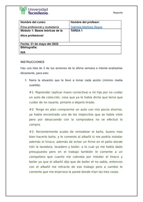 Tarea 1 Ética profesional y ciudadanía Reporte Nombre del curso