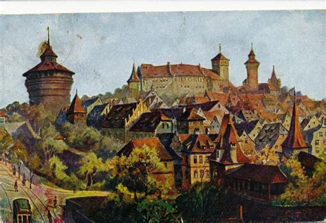 Norimberk Nürnberg Německo panorama hrad tramvaj kresba Aukro