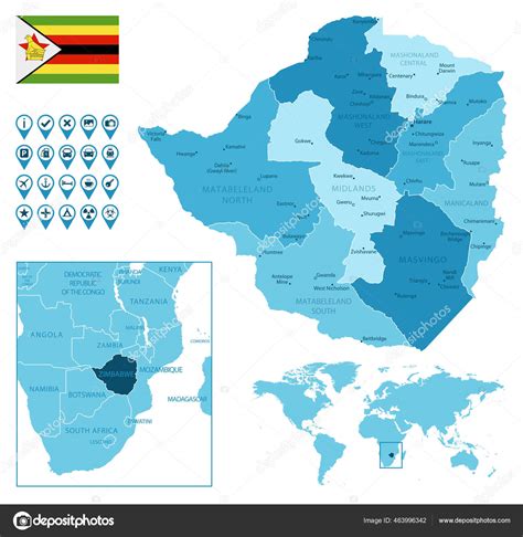 Zimbabwe mapa azul administrativo detallado con la bandera del país y