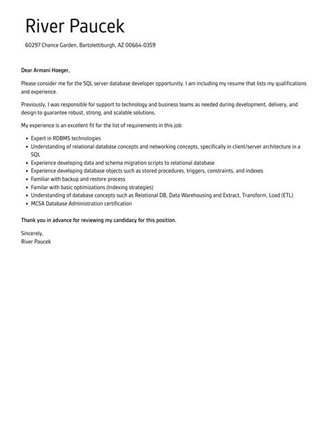 Sql Server Database Developer Cover Letter Velvet Jobs