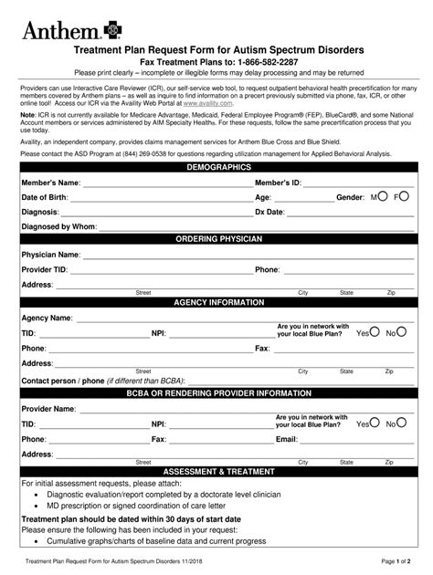 Anthem Treatment Plan Request Form For Autism Spectrum Disorders Fill