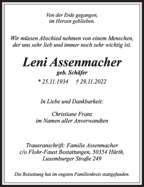 Traueranzeigen Von Leni Assenmacher WirTrauern