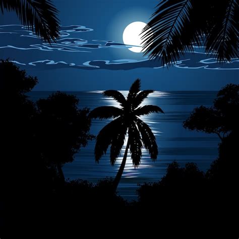 Paisaje marítimo nocturno con luna llena Vector Premium