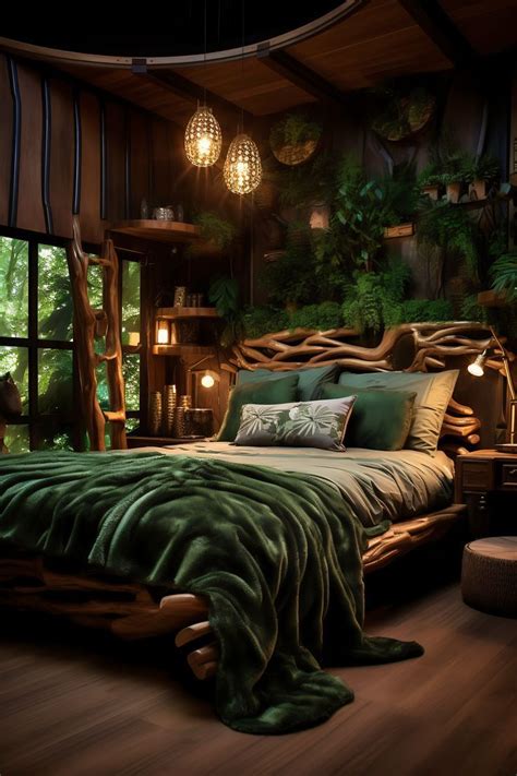 Medium Sized Dark Boho Bedroom With A Forest Green Oak Color Scheme