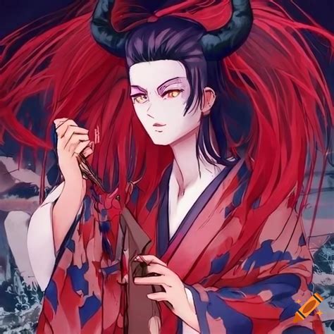 Ukiyo E Anime Demon With Slicked Back Hair Red Skin And Goat Horns On Craiyon