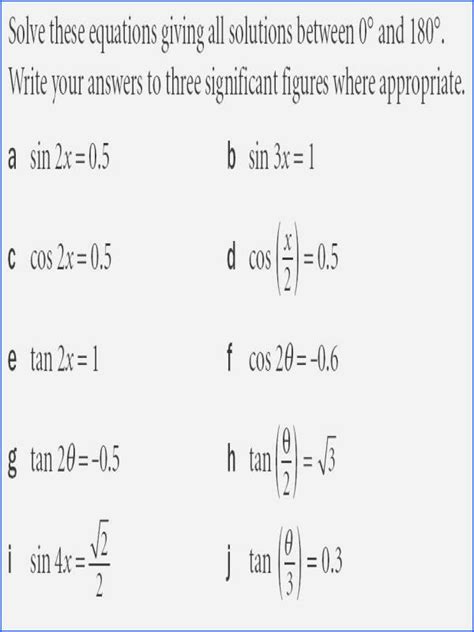 Practice Worksheet Trigonometric Equations Answers