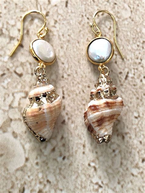Shell Earrings Conch Shell Dangle Earrings Pearl Gold Plated Conch