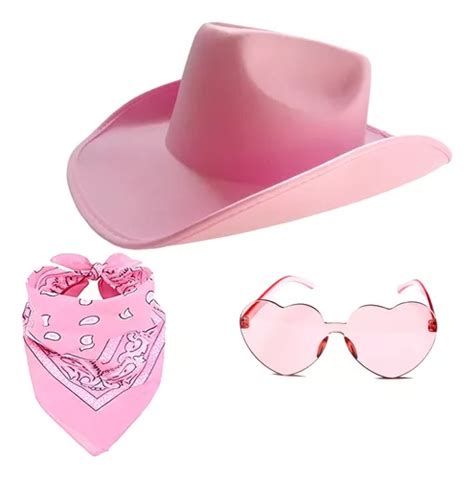 Kit 3un Chapéu Rosa Cowboy Óculos Lenço Boiadeira Vaquejada Cor Rosa