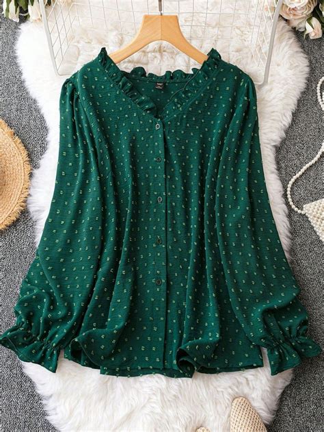 mais Blusa ponto suíço imprimir manga de encampanada acabamento de