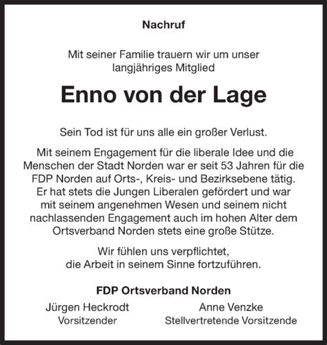 Traueranzeigen Von Enno Von Der Lage OK Trauer De
