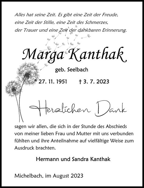 Traueranzeigen Von Marga Kanthak Rz Trauer De