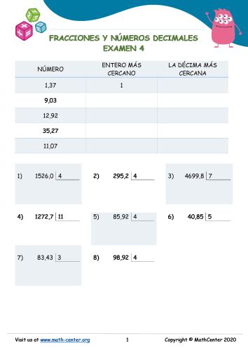 Cuarto grado Pruebas División Larga Math Center