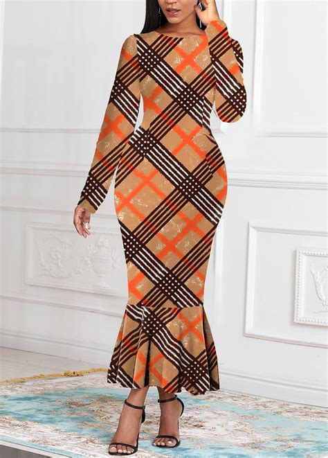 Plaid Dark Coffee Long Sleeve Mermaid Dress Rosewe USD 26 98
