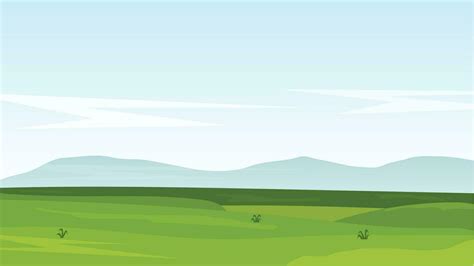 Landscape Cartoon Scene With Green Field And White Cloud In Summer Blue